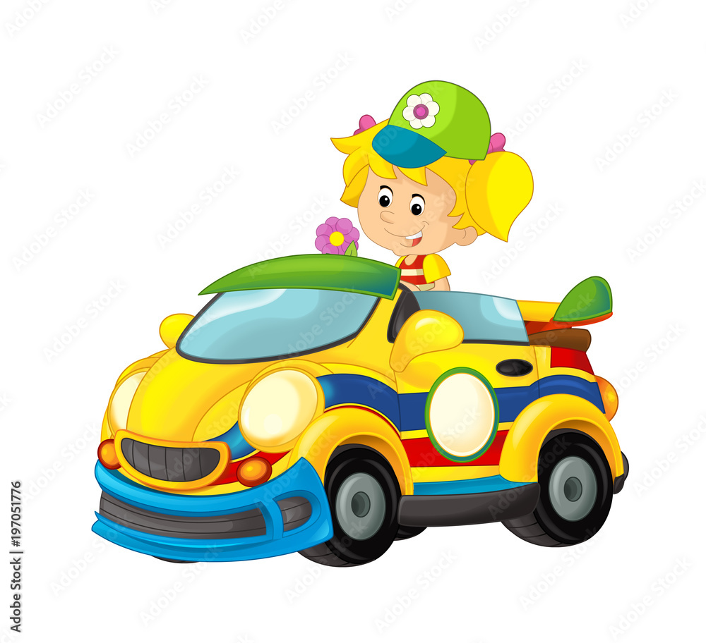 Cartoon scene with girl in sports car smiling and looking ...