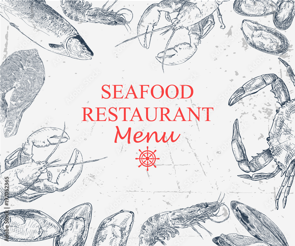 Vintage seafood frame vector illustration. Hand drawn with ink. Stock ...
