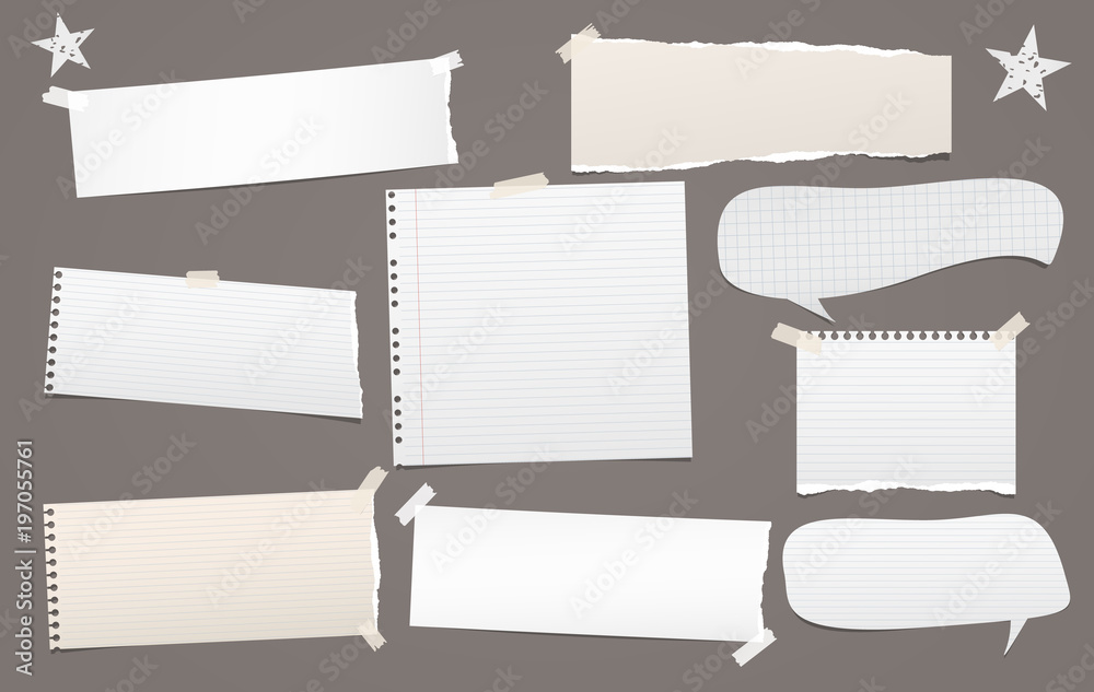 Pieces of torn white, brown lined note, notebook paper with speech ...