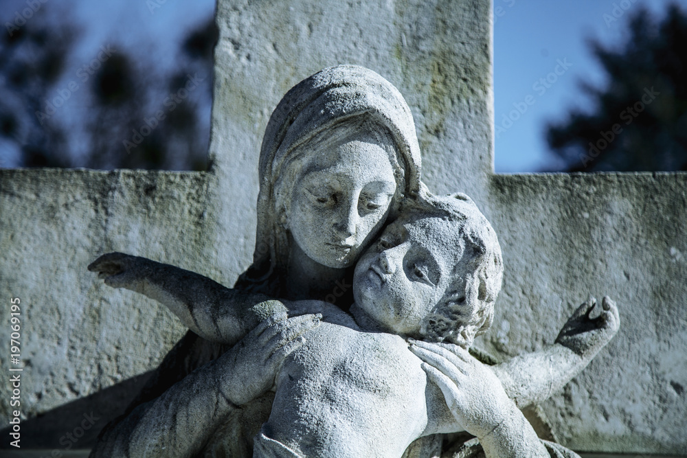 Photo & Art Print Ancient stone sculpture Virgin Mary holding a baby ...