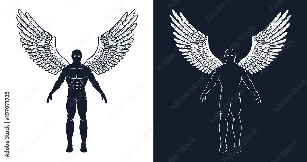 Muscular man with wings is like a superhero or a dark angel. Silhouette ...