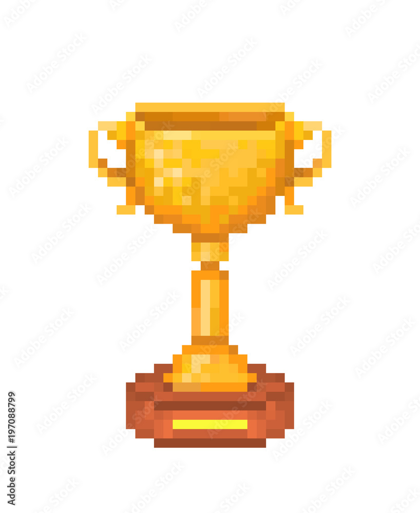 Golden winners' cup; pixel art illustration isolated on white ...