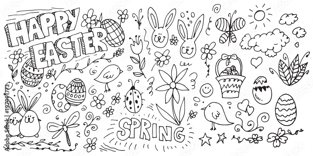 Happy Easter hand drawn doodles Stock Vector | Adobe Stock