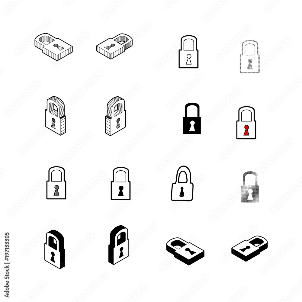 Set of Collection modern vector. Lock icon multi type of 3d isometric ...