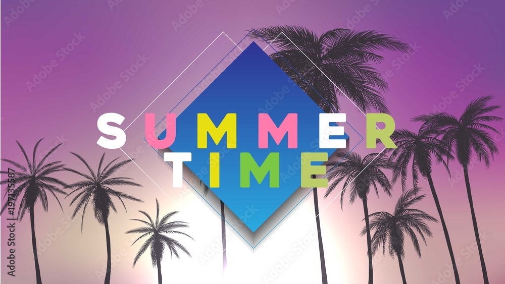 Summer background with palms, sky and sunset. Summer placard poster ...