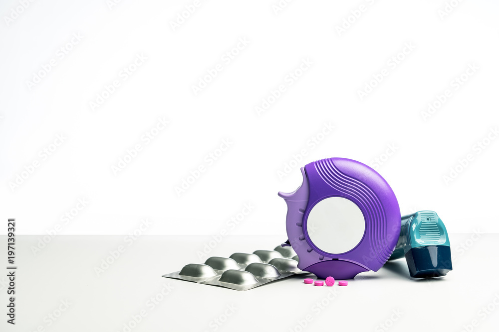 Set of asthma inhaler, accuhaler and anti-allergy pills for treatment ...