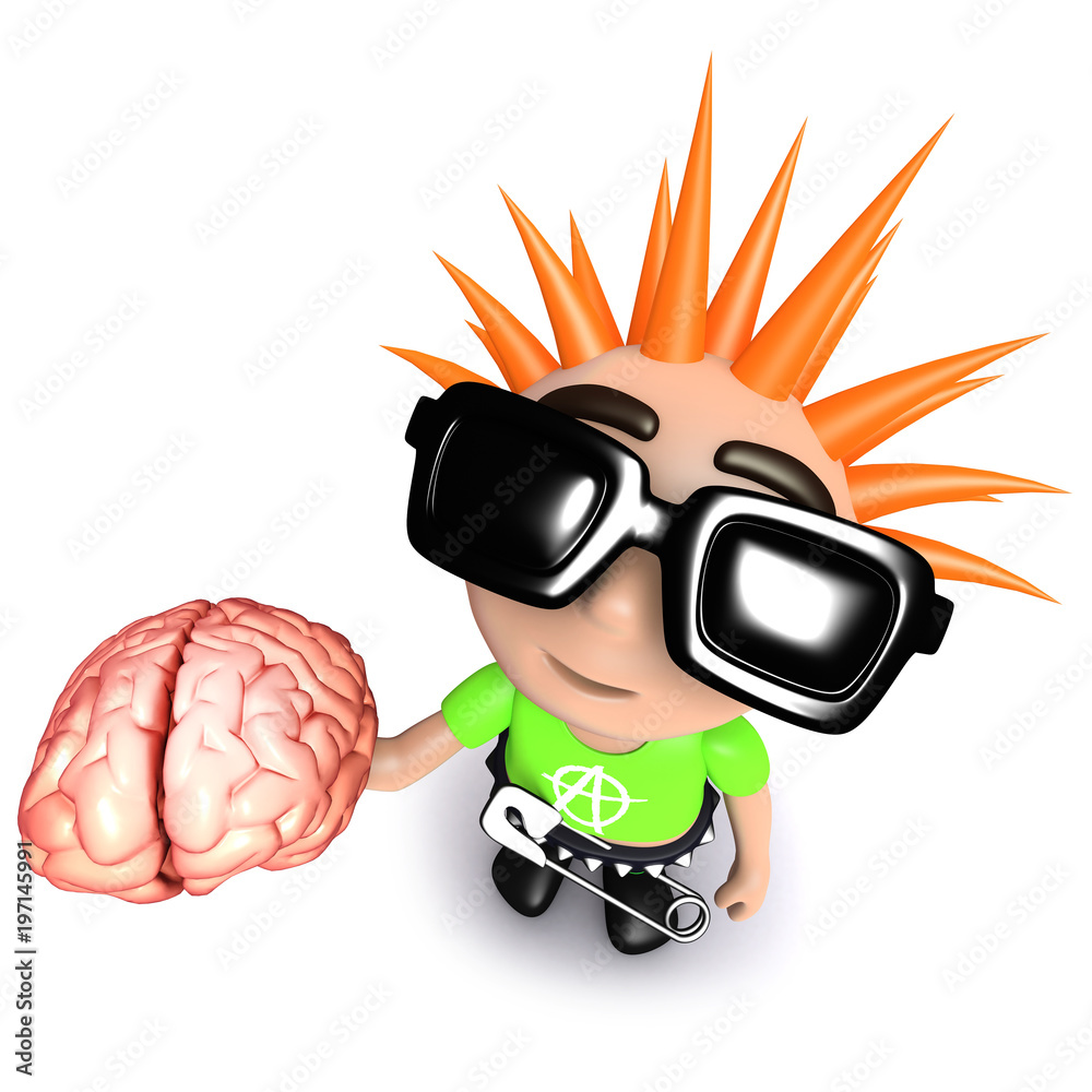 3d Funny cartoon punk rocker kid character holding a human brain Stock ...