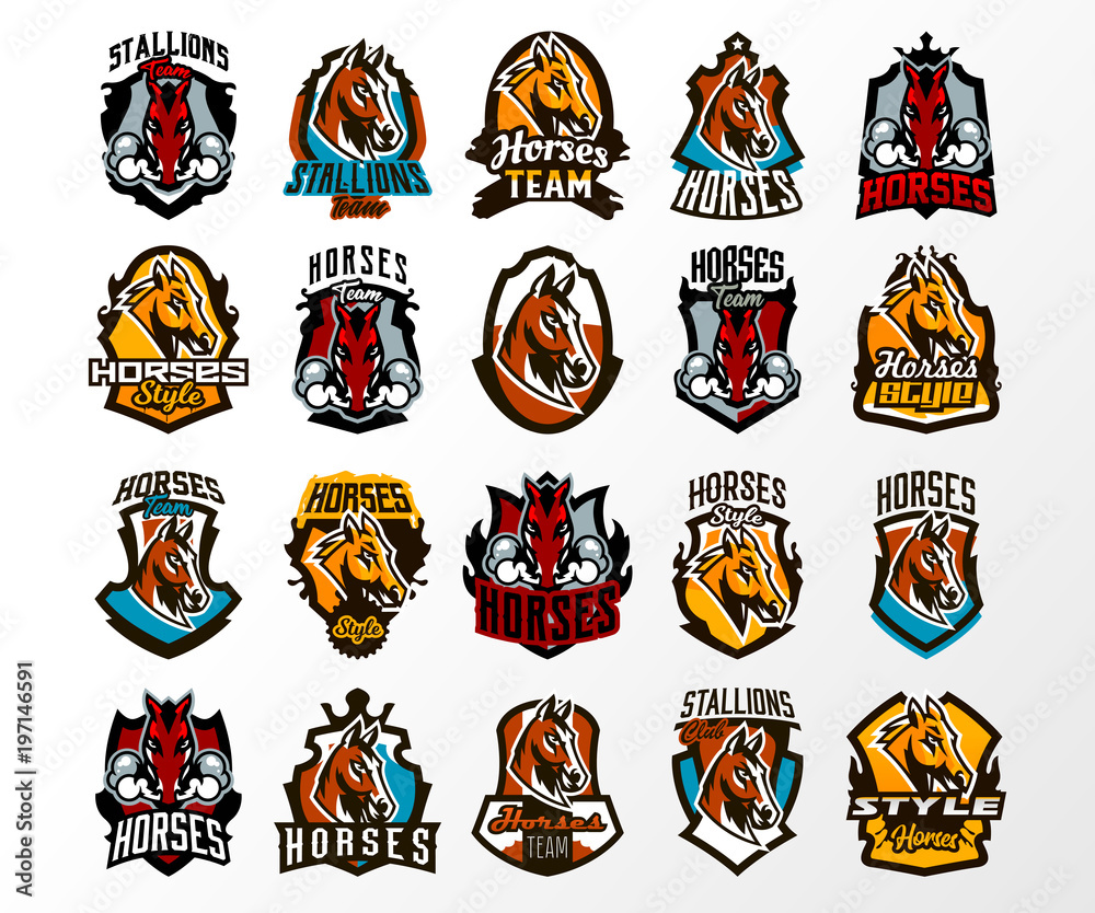 A large colorful collection of emblems, logos, badges of horses ...