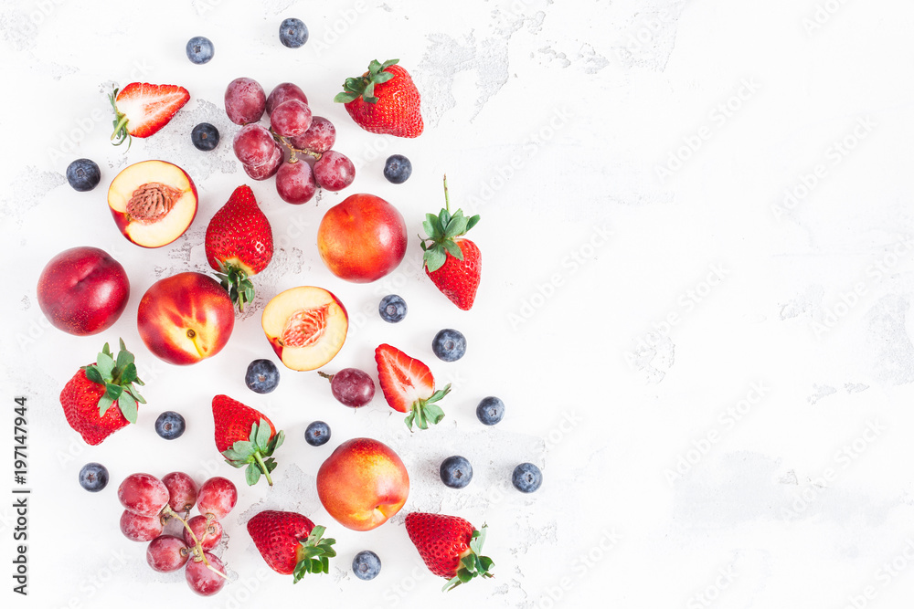 Fruit background. Fresh fruits strawberry, blueberry, peach, banana ...
