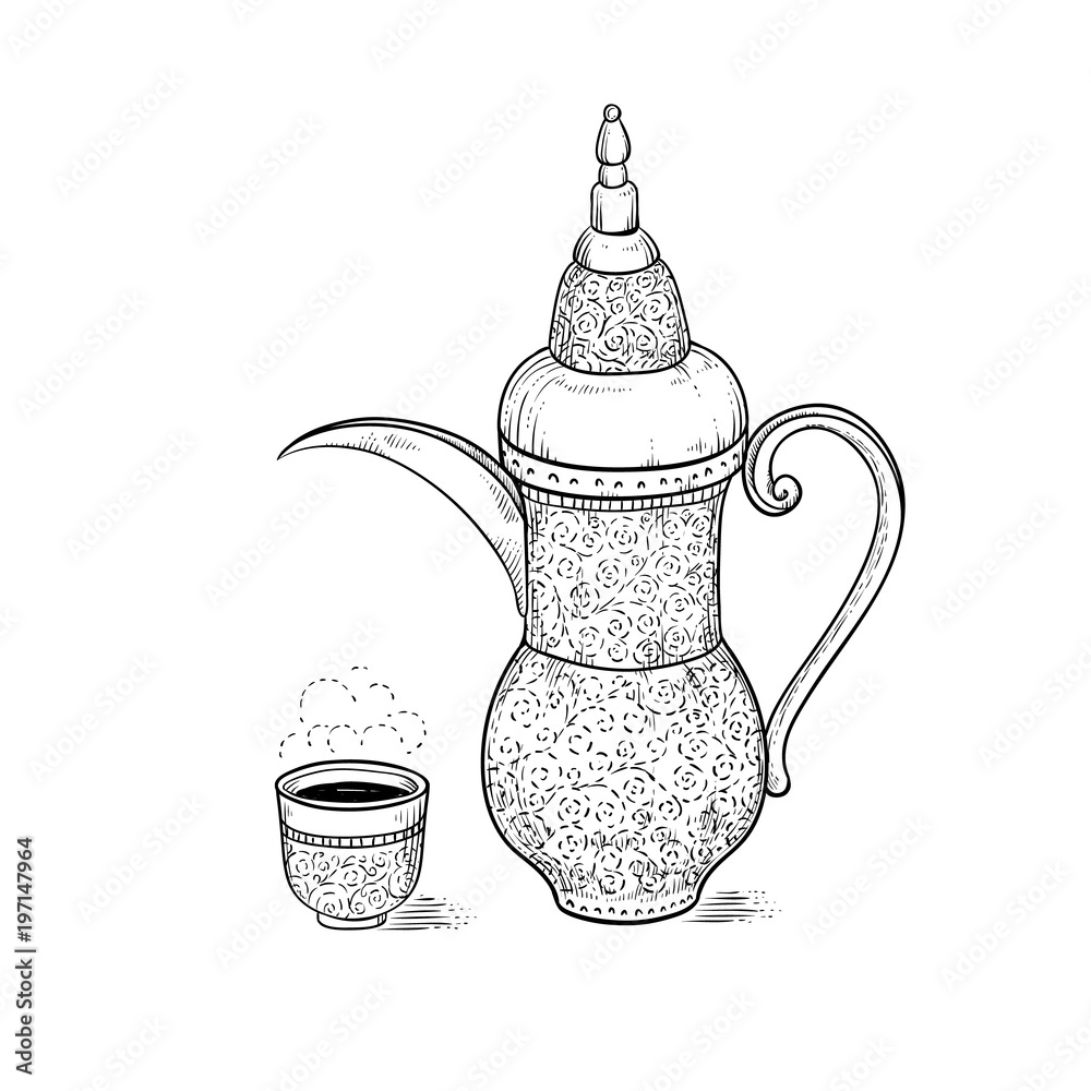 Arabic vintage coffeepot and figured cup with a hot drink and a ...