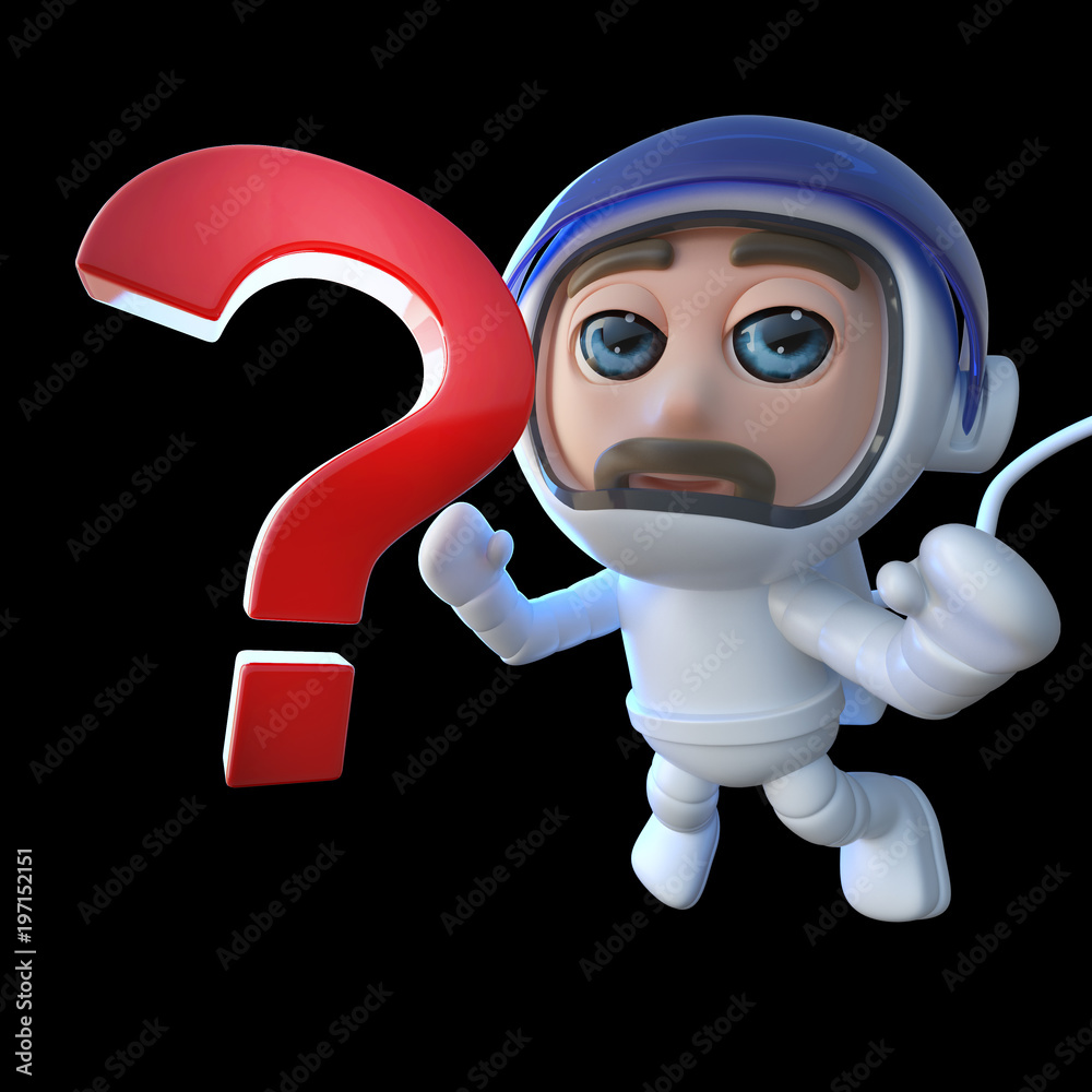 3d Funny cartoon spaceman astronaut character chasing a question mark ...