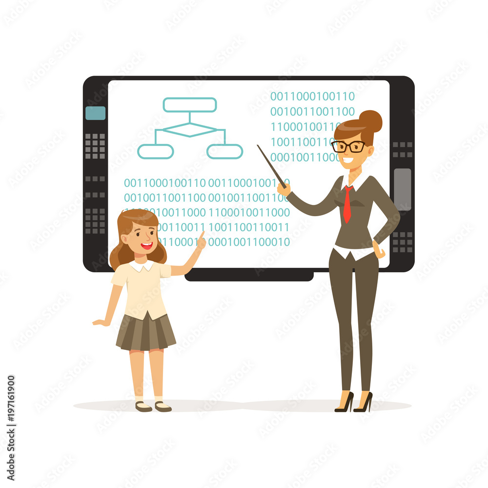 Smiling teacher woman teaching girl with an interactive board ...