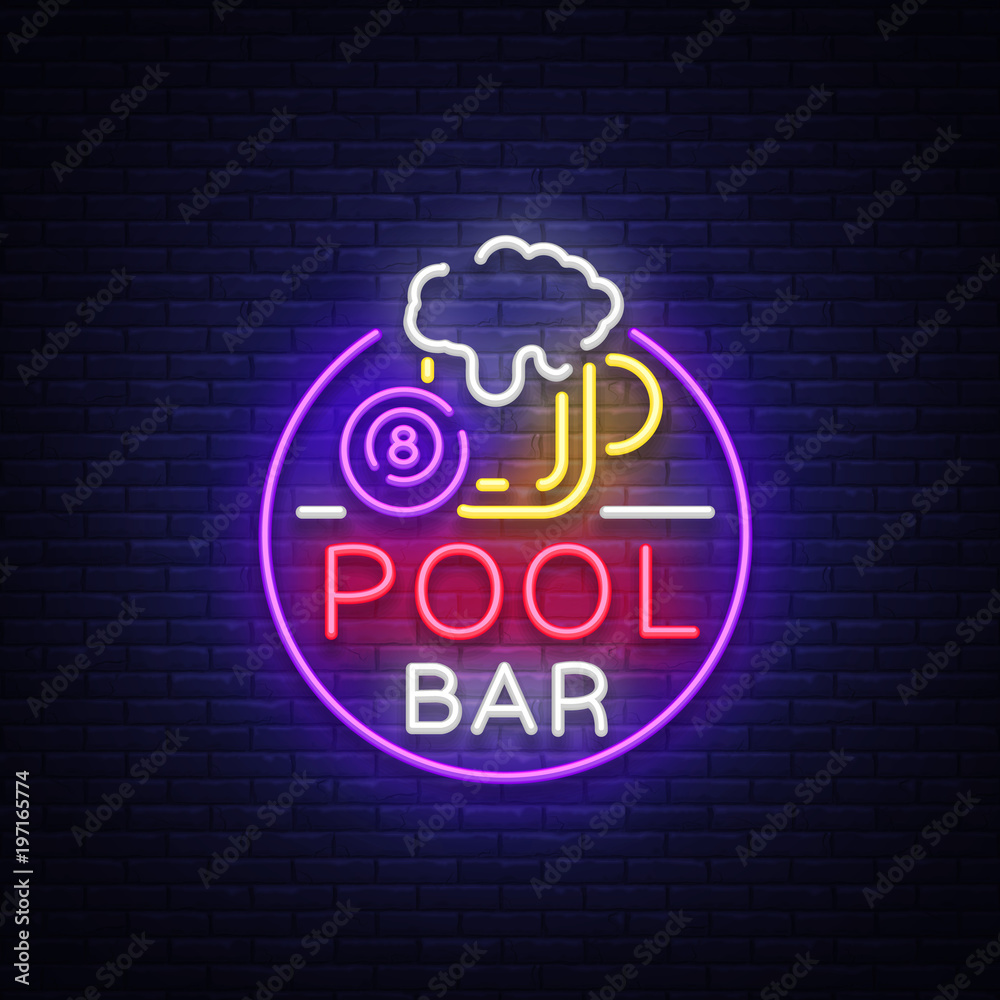 Pool bar logo in neon style. Neon sign design template for Billiard bar ...