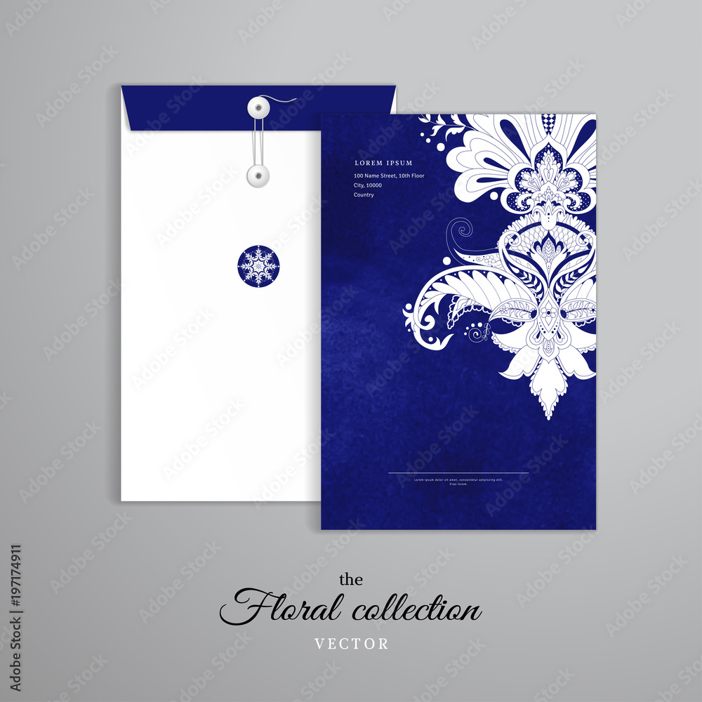 Vector template. Vertical big envelope with buttons. Damask oriental ...