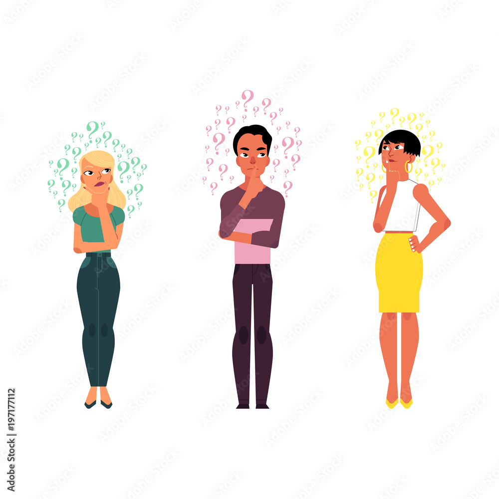 Vector cartoon adult caucasian people thinking set. Men, beautiful ...