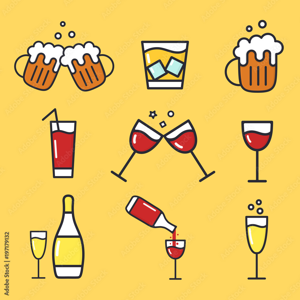 Set of cartoon alcohol icons. Vector flat icons for bar. Collection of ...