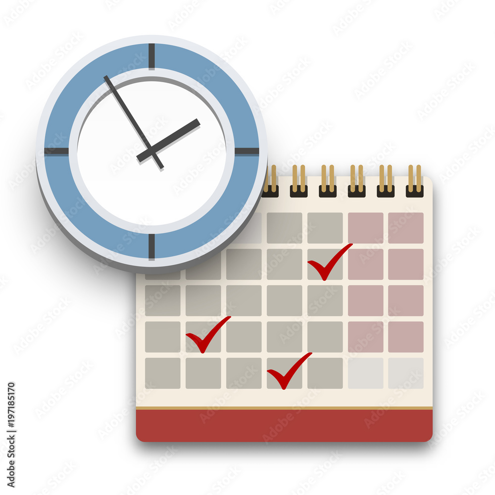 Clock and Calendar with check marks icon. Completed task, schedule ...