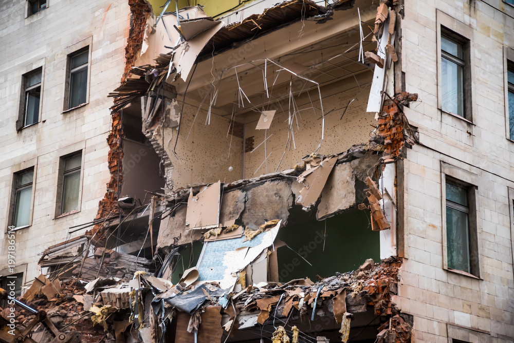 Demolition of a building with floors fragment. Destroyed structure ...