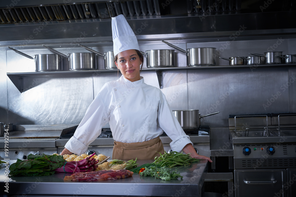 Chef woman portrait kitchen in restaurant kitchen Stock Photo | Adobe Stock