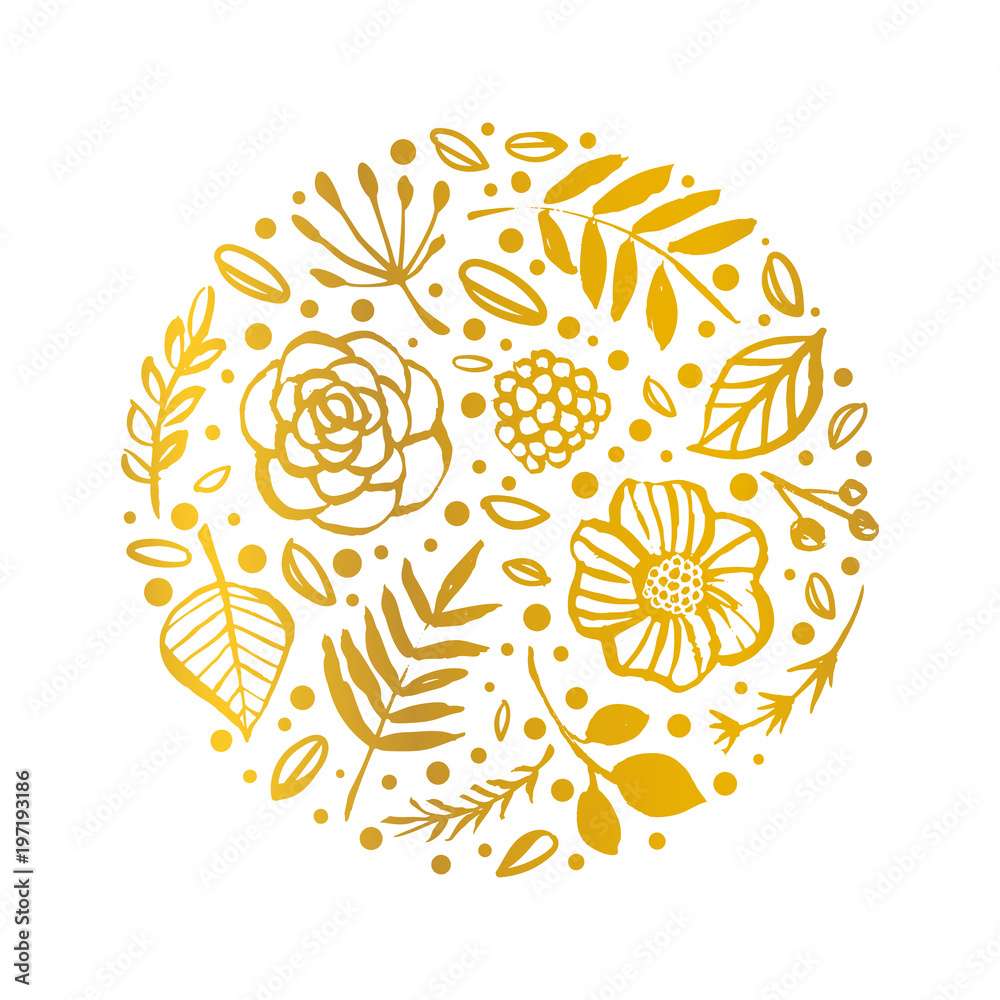 Flower circle shape pattern. Gold Floral card. Hand drawn illustration ...
