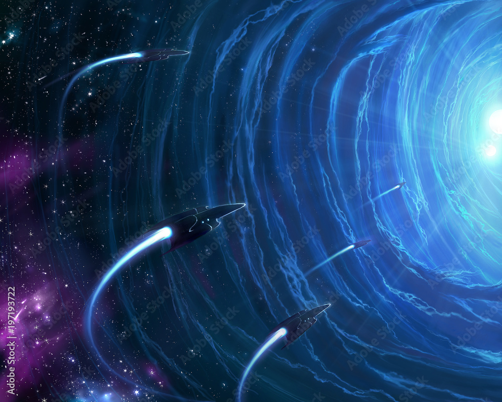 digital illustrated of spaceship spacecraft flying in space universe ...