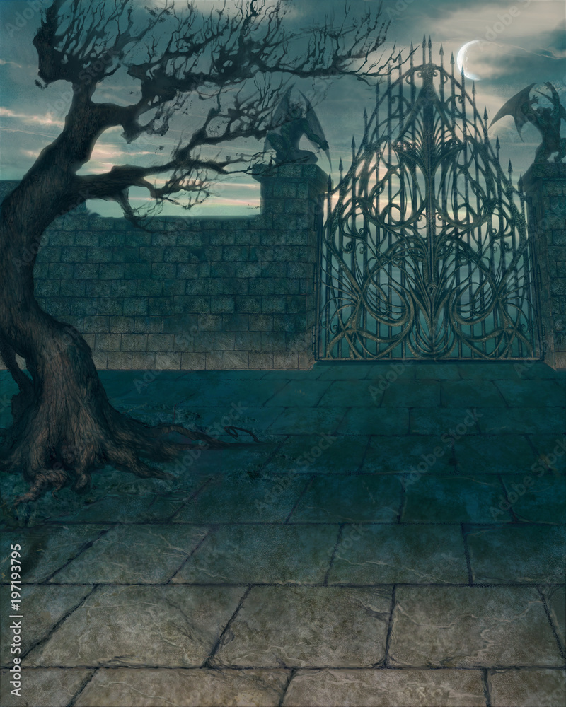 digital illustration of spooky horror environment background with demon ...