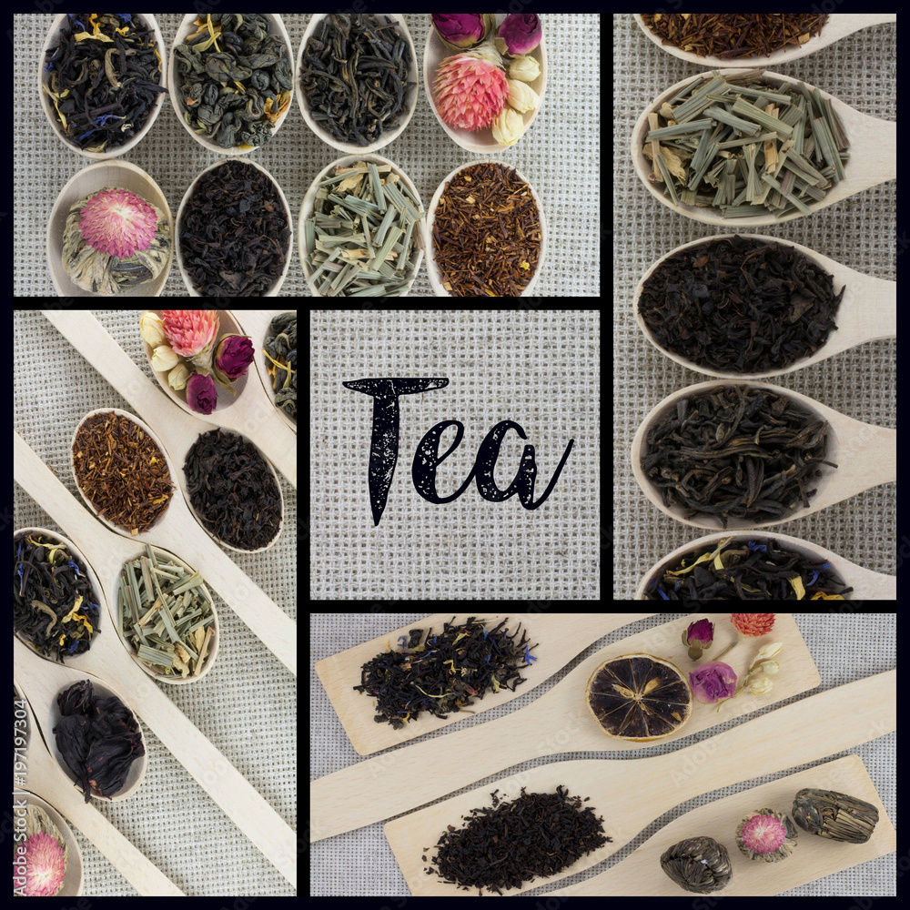 Collage of different varieties and types of tea in wooden spoons ...