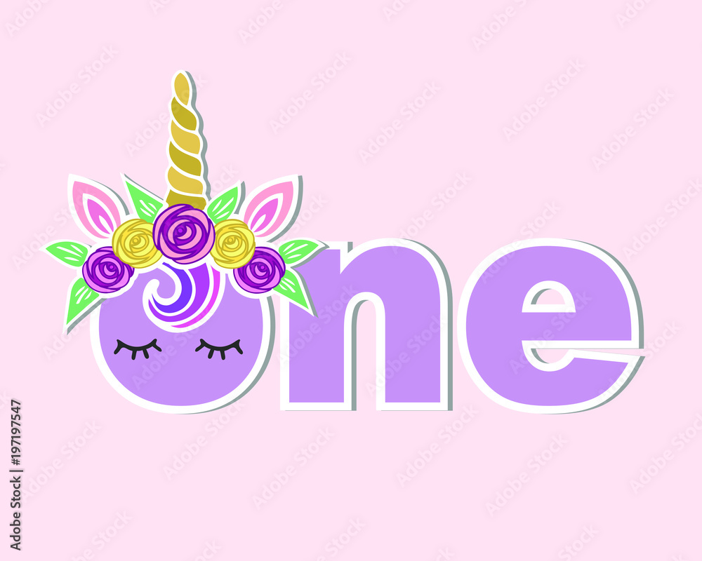Vetor de Vector illustration One with Unicorn Horn, Ears, Flower Wreath ...