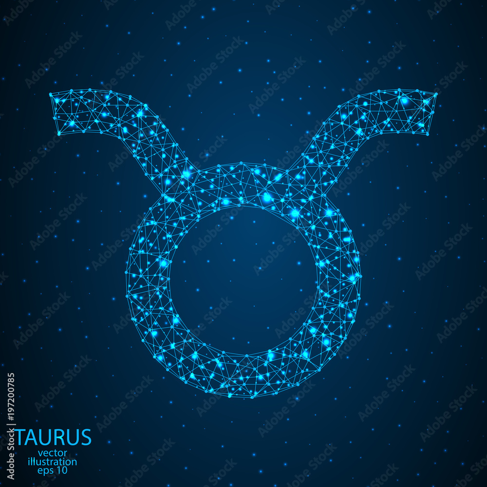 Sign of the zodiac Taurus composed of 3D triangles, lines, dots and ...