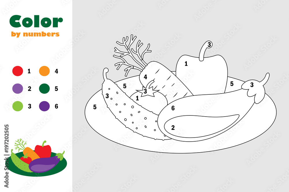 Different vegetables on plate in cartoon style, color by number ...