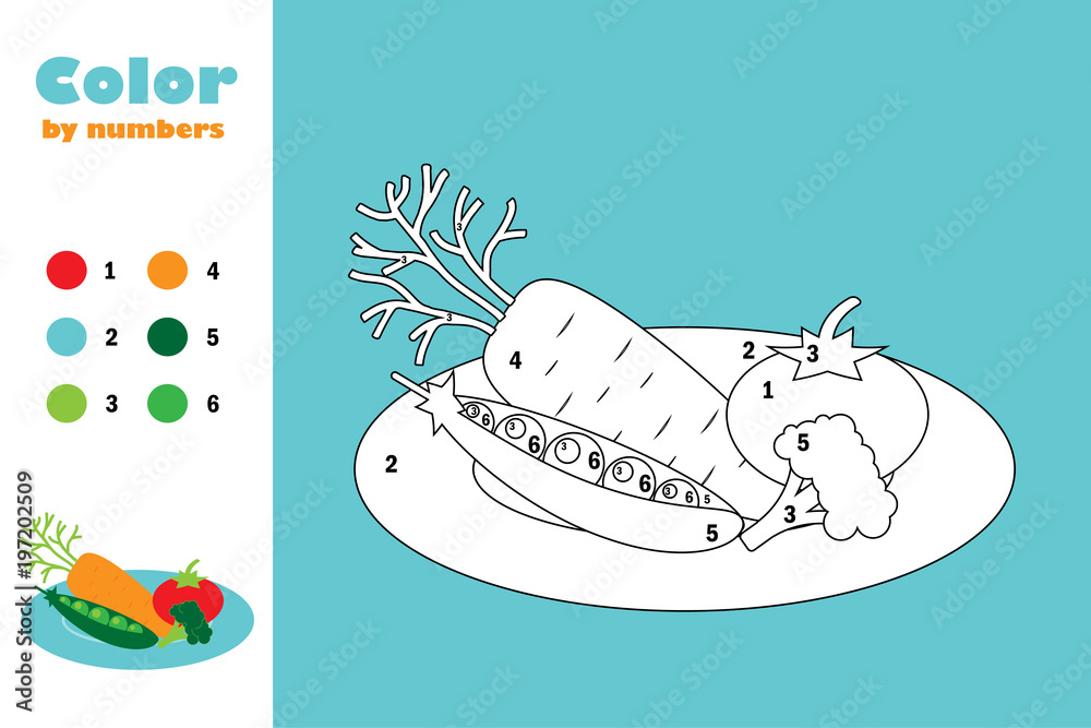 Vegetables on the plate in cartoon style, color by number, education ...