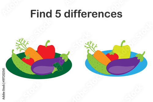 Find 5 differences, game for children, vegetables on plate in cartoon ...