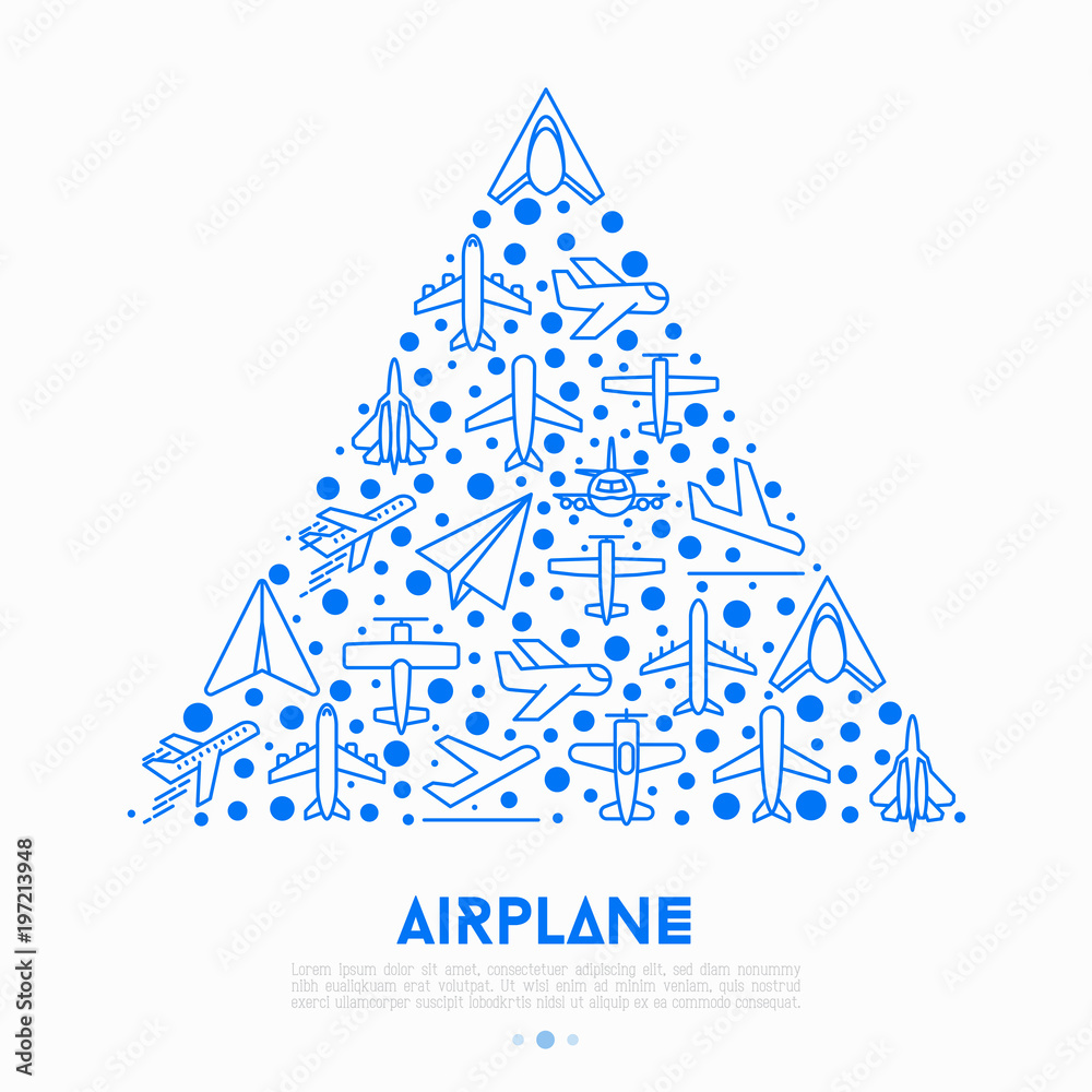 Airplane concept in triangle with thin line icons: agricultural ...