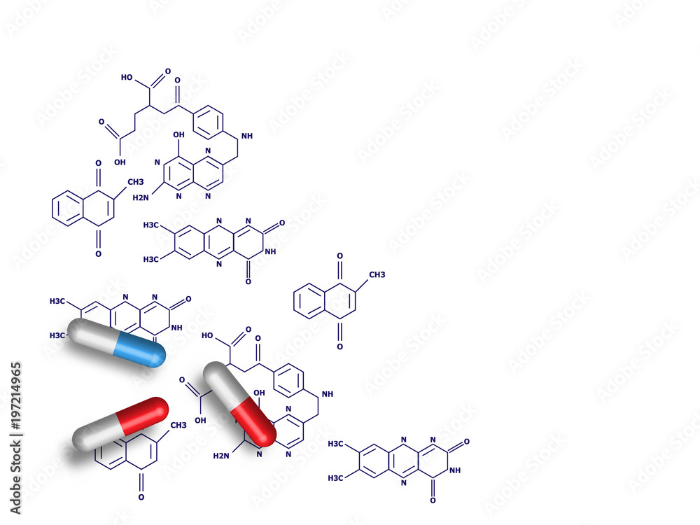 Medicines on chemistry formula as background represent medical and ...