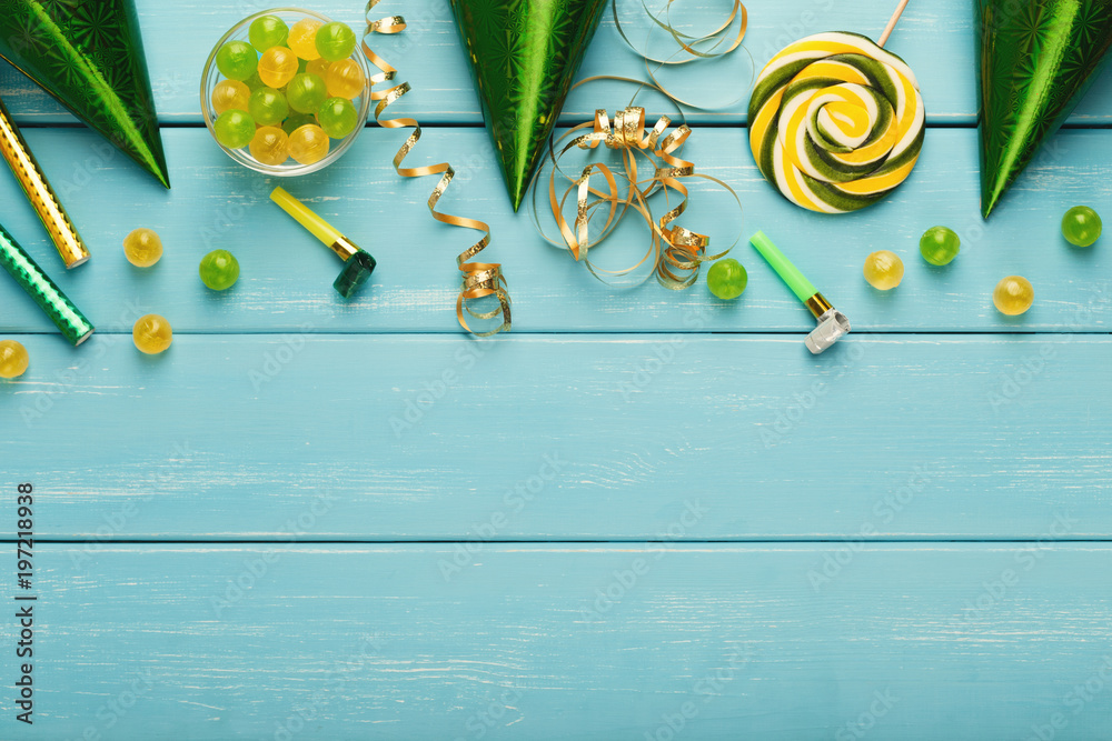 Colorful balloons on blue rustic wood, birthday background, top view ...