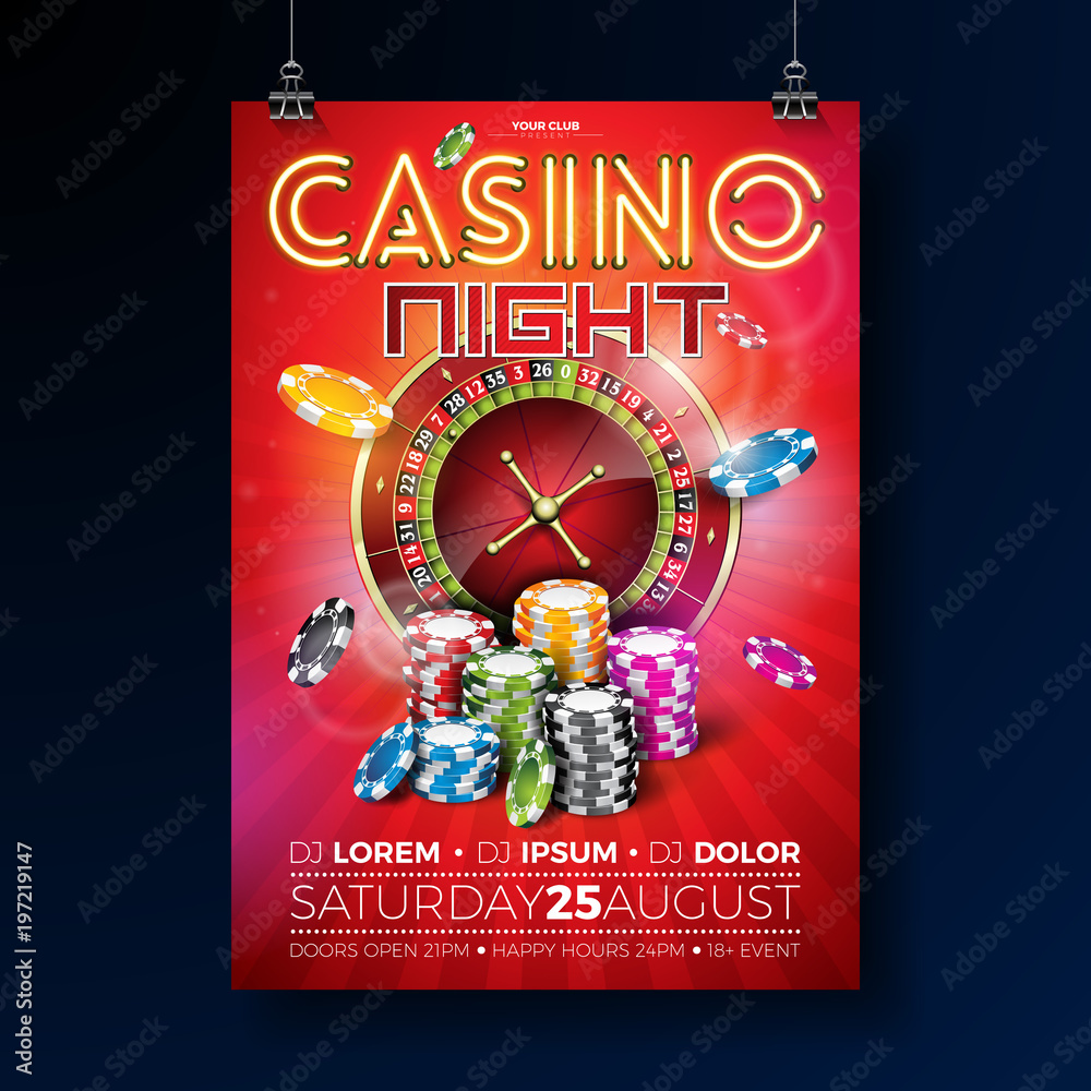 Vector Casino night flyer illustration with roulette wheel and shiny ...