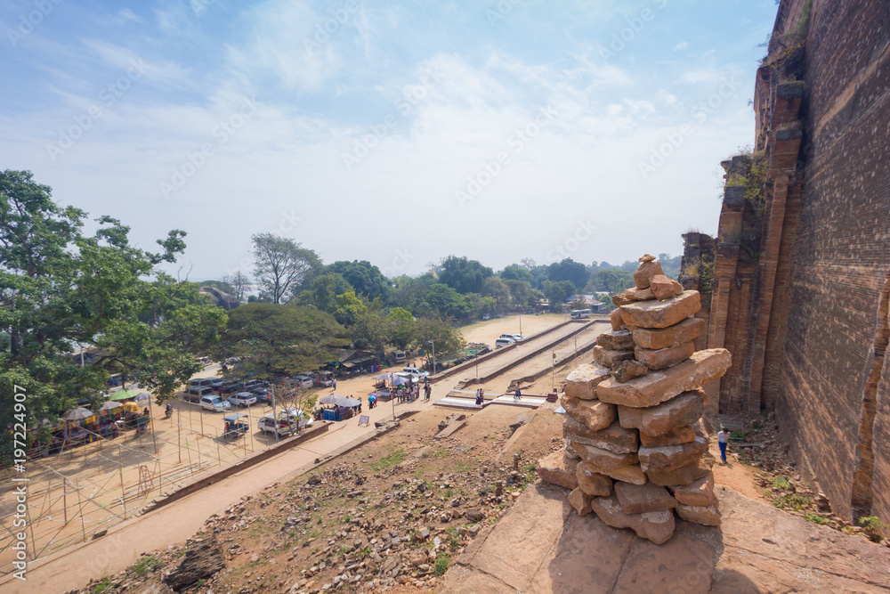 Brick stacking built to worship to the Mingun pagoda with tourist ...
