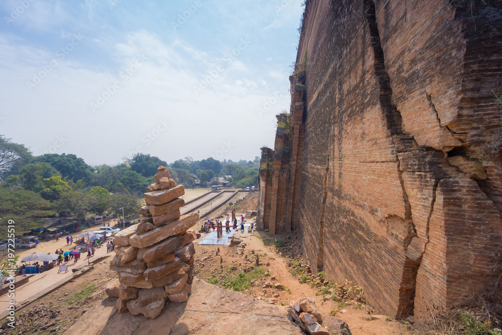 Brick stacking built to worship to the Mingun pagoda with tourist ...