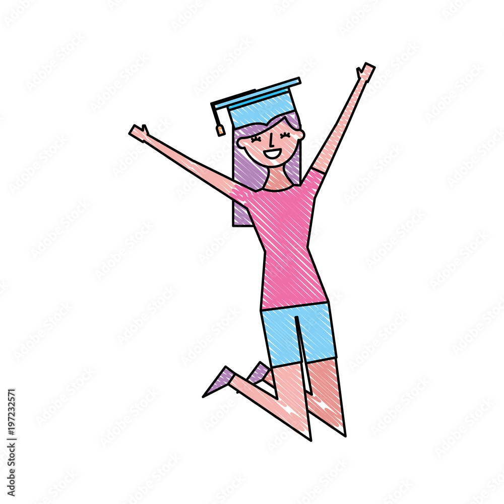 cartoon character young graduate woman jump from happiness vector ...