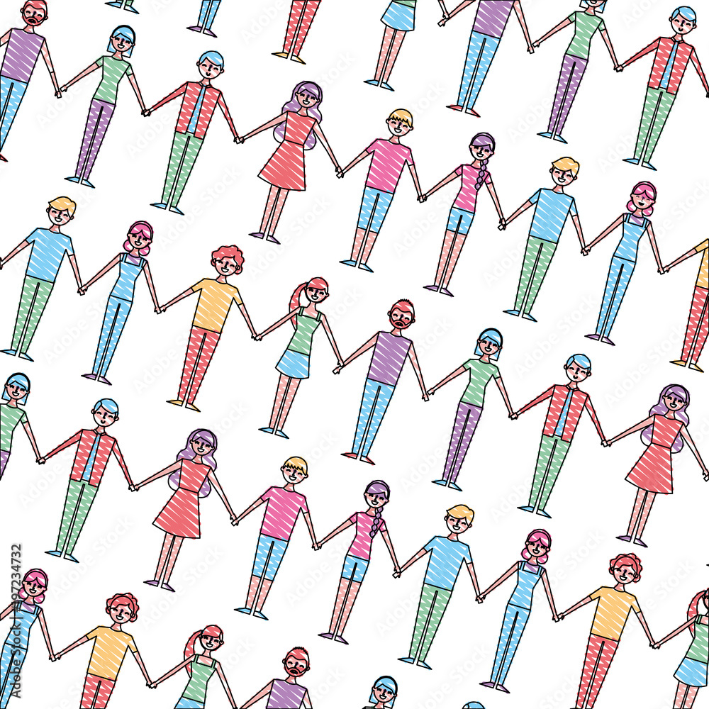 background people happy holding hands vector illustration drawing color ...