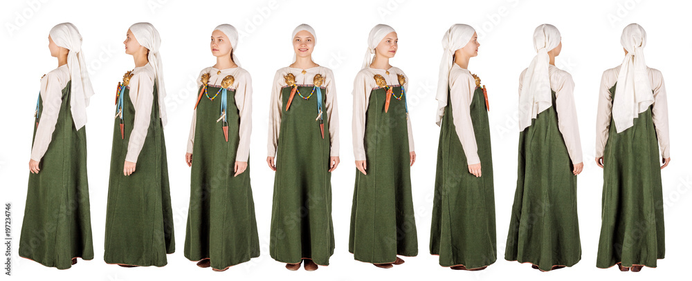 full length portrait of a beautiful lady with green medieval gown ...