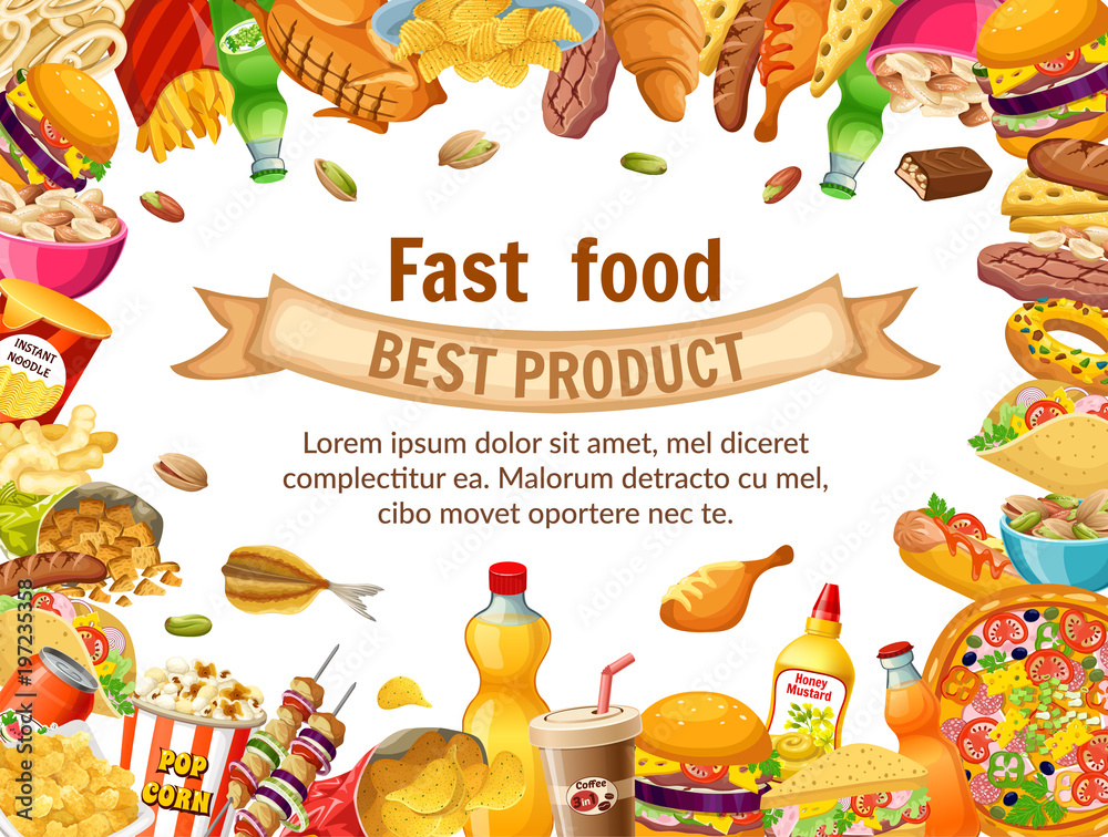 Poster fast food. Salted nuts, squid rings, pop corn, cornflakes, corn ...