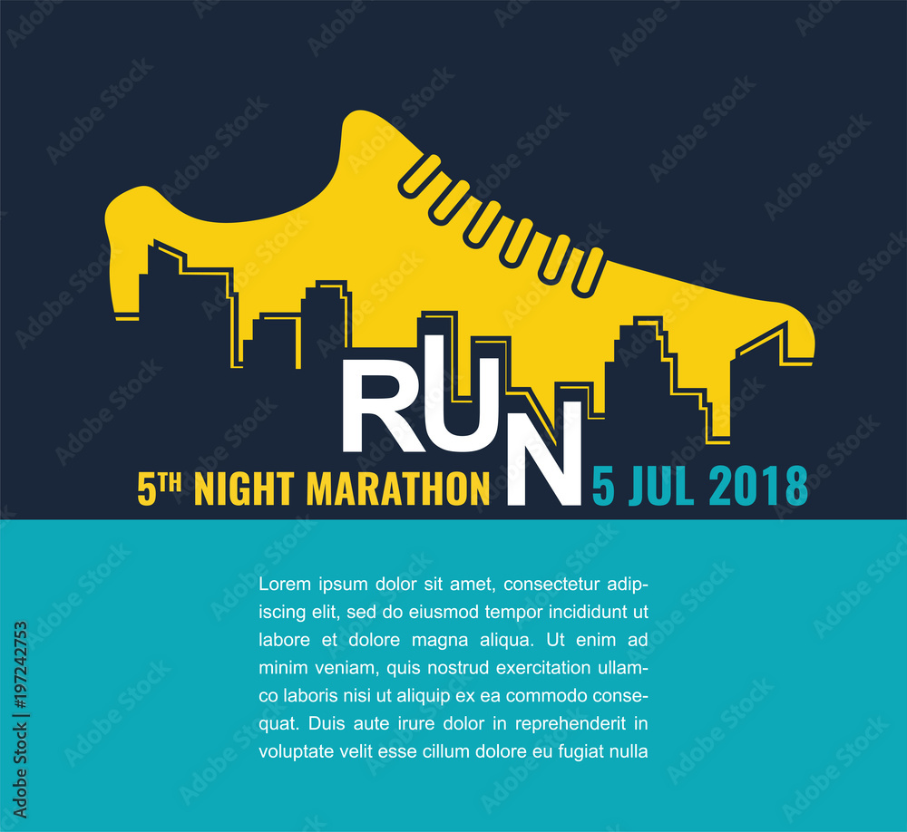 City marathon. Poster - running, sport shoe and the city. Vector ...