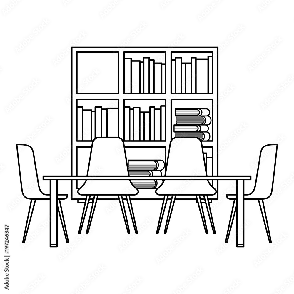 library with bookshelves and desk with chairs vector illustration ...
