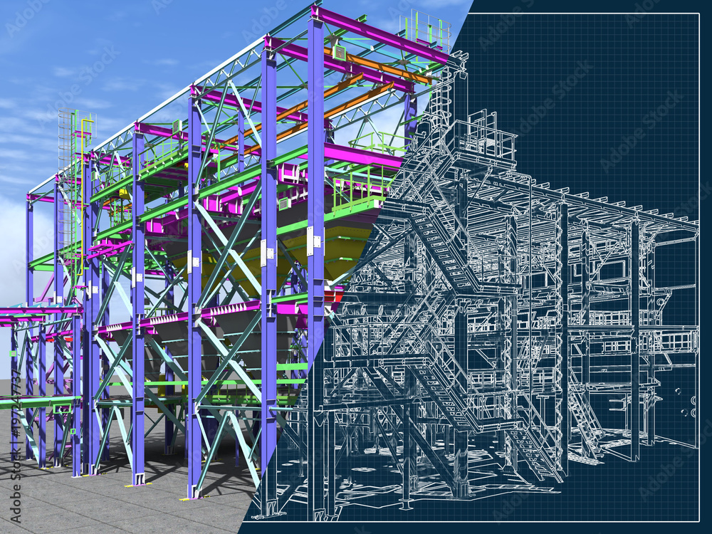 3D rendering and drawing on a blue background of metal buildings ...