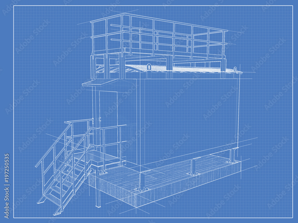 Architectural drawing blueprint of the building from the container with ...