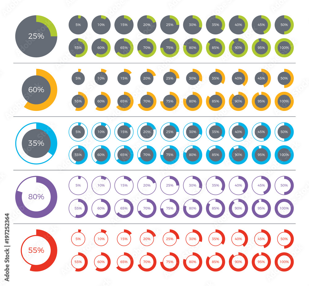 Set of pie chart infographic elements. 0, 5, 10, 15, 20, 25, 30, 35, 40 ...