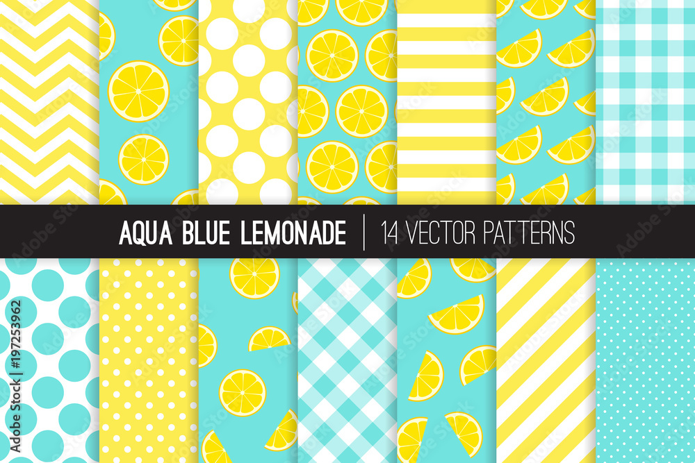 Aqua Blue Lemonade Vector Patterns. Yellow Lemon Halves and Slices ...
