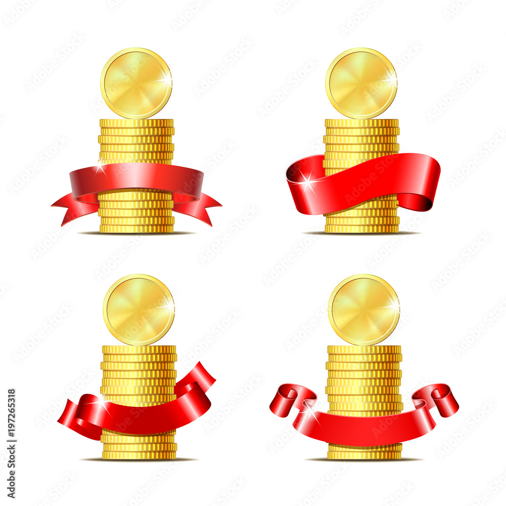 Set of Stacked of coins with red ribbon Stock Vector | Adobe Stock