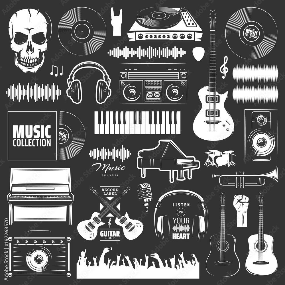 Set of vector music elements. Music icons for audio store, recording ...